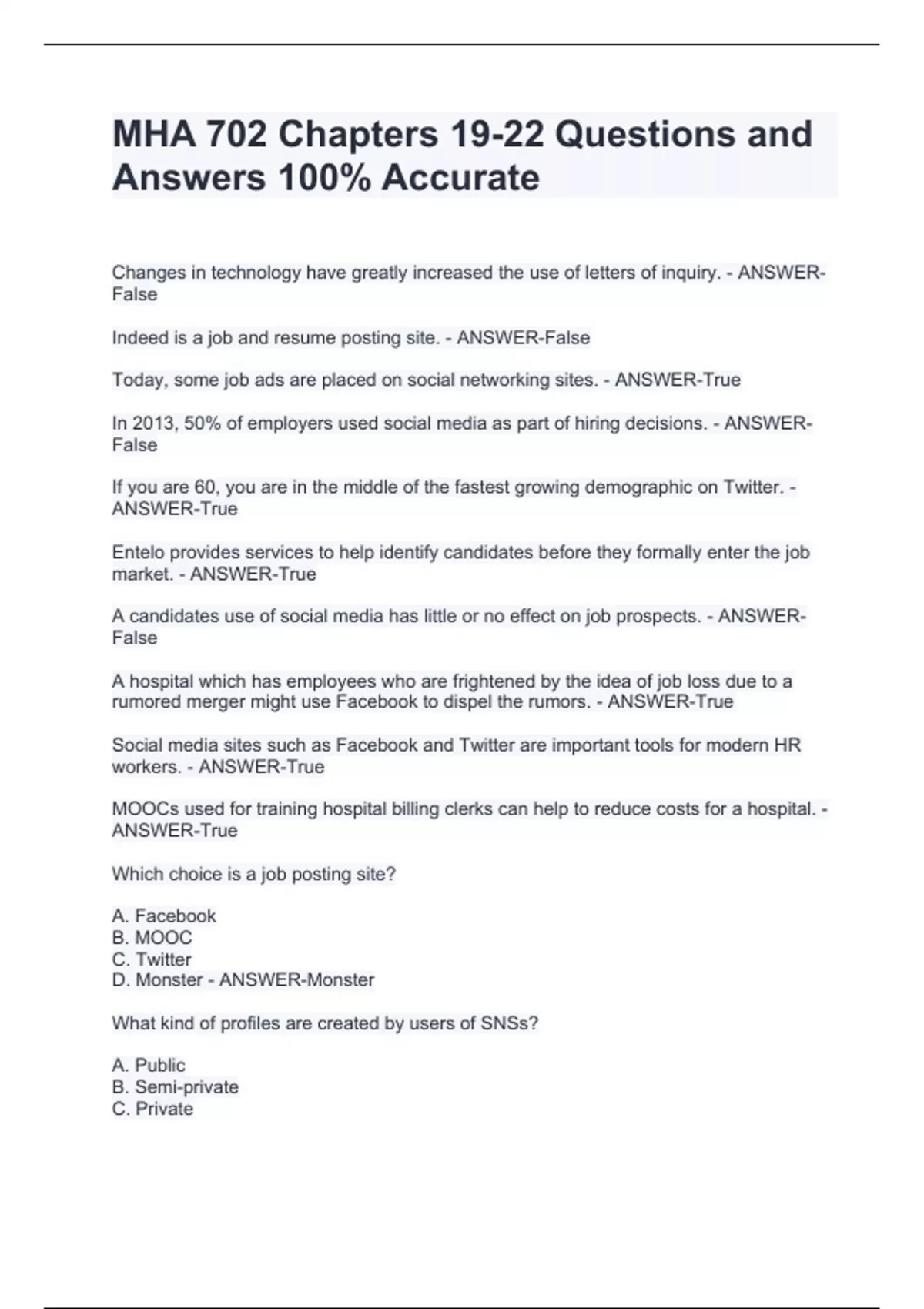 MHA 702 Chapters 19-22 Questions and Answers 100% Accurate - MHA 702 ...