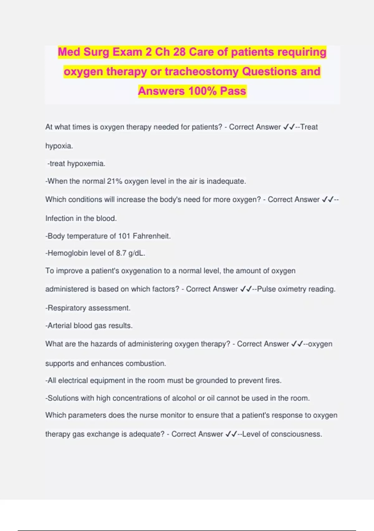 Med Surg Exam 2 Ch 28 Care of patients requiring oxygen therapy or ...