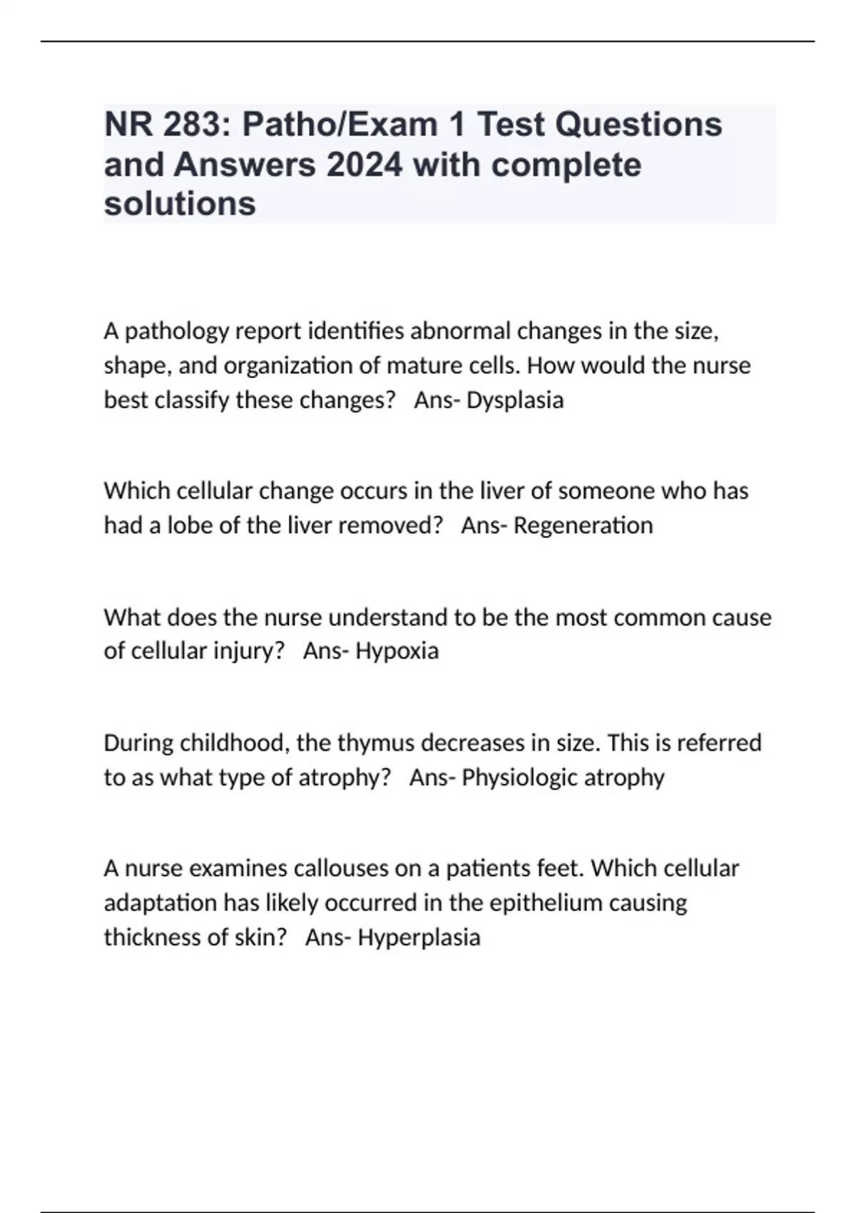 NR 283: Patho/Exam 1 Test Questions and Answers 2024 with complete ...