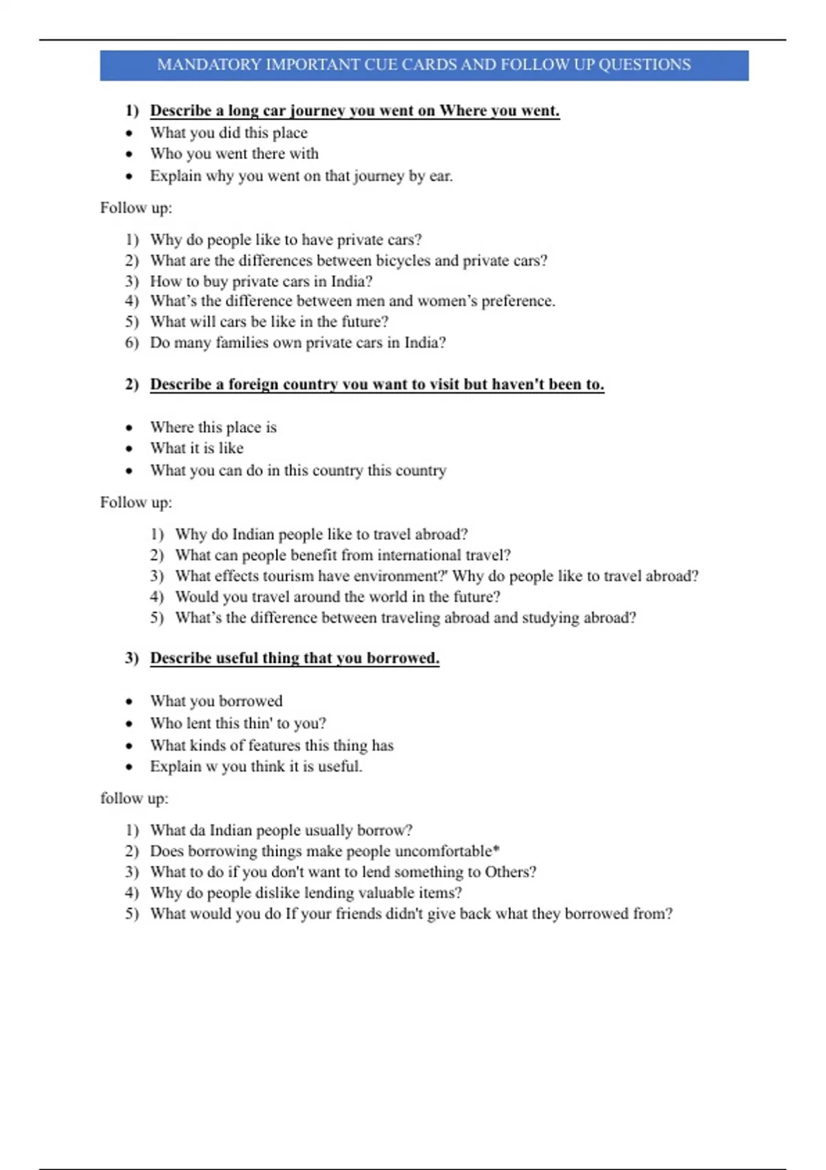 MANDATORY IMPORTANT CUE CARDS AND FOLLOW UP QUESTIONS - Master your ...