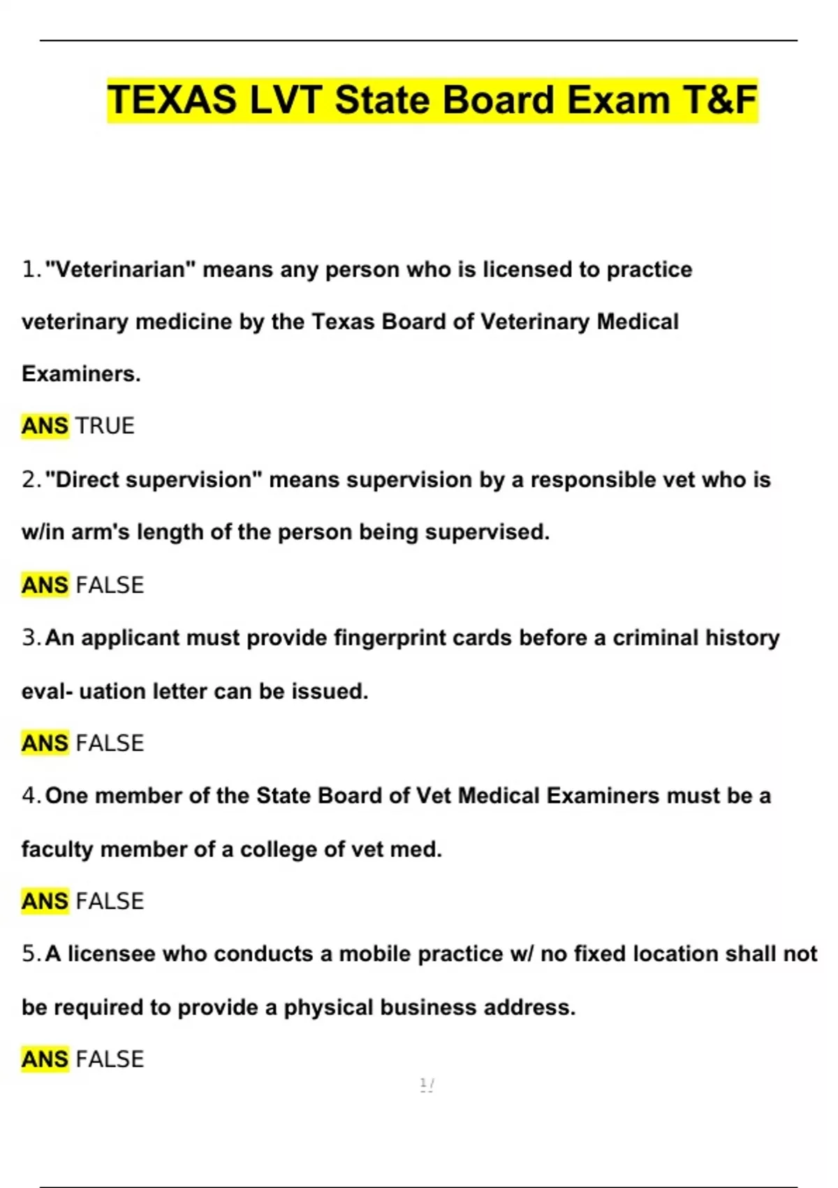Texas LVT State Board Exam T&F Questions with 100% Correct Answers ...
