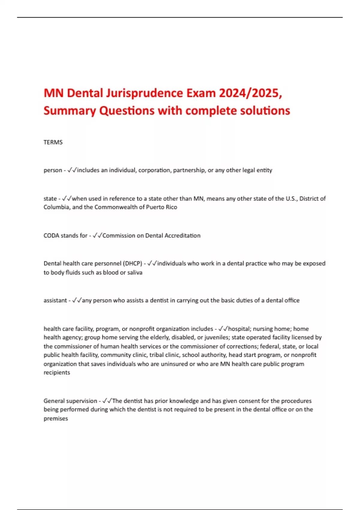 MN Dental Jurisprudence Exam 2024/2025, Summary Questions with complete ...