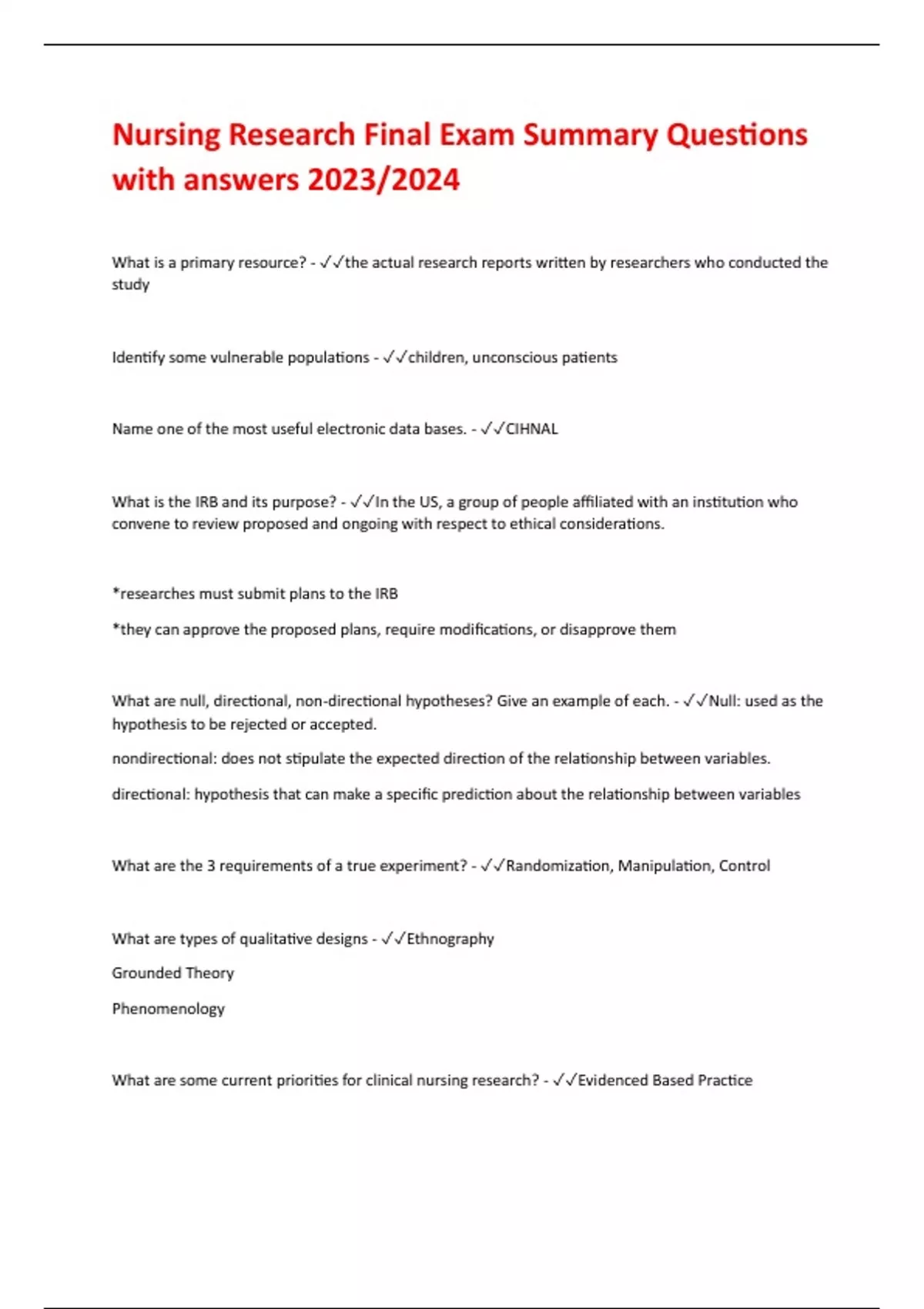 Nursing Research Final Exam Summary Questions with answers 2023/2024 ...