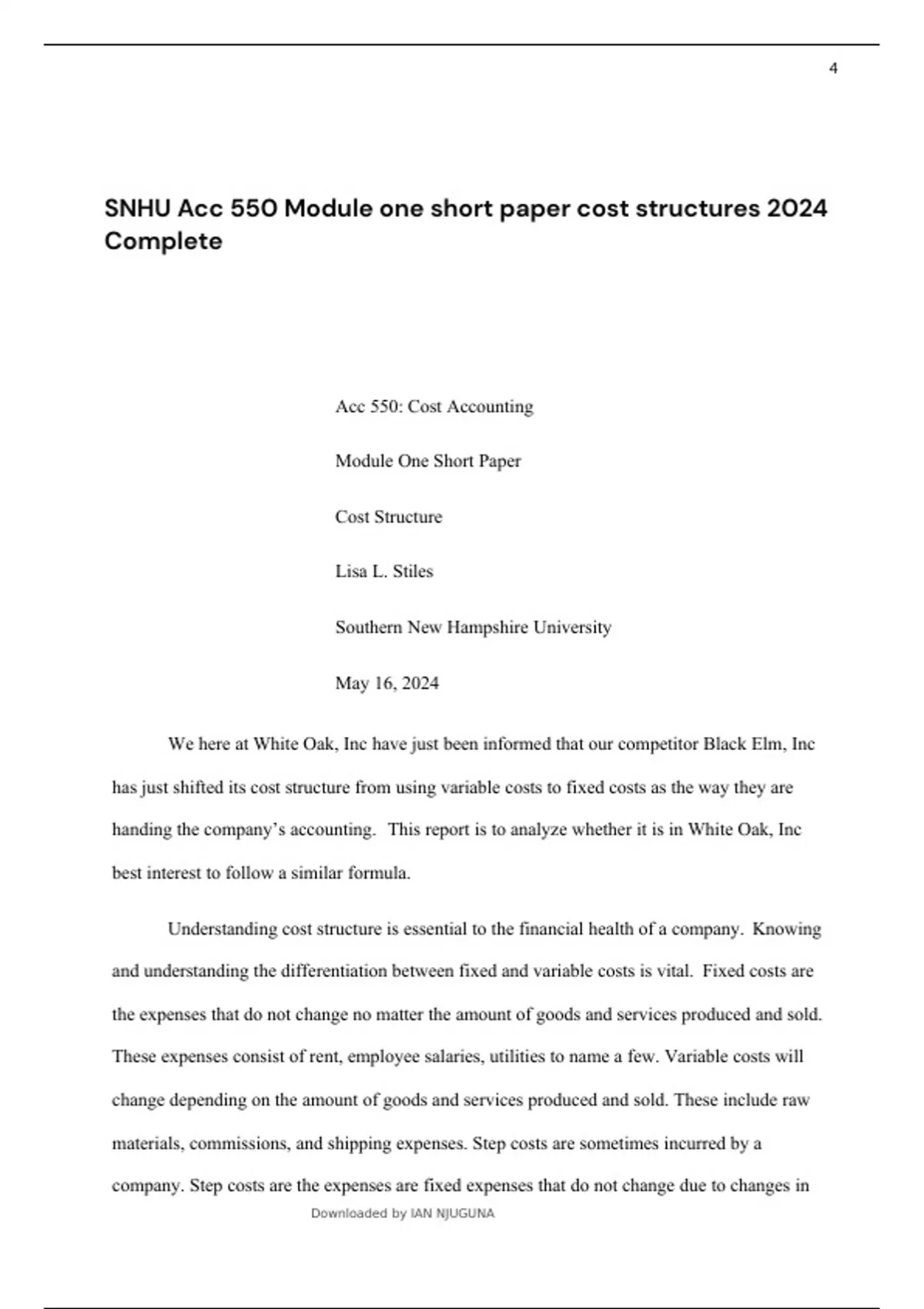 SNHU Acc 550 Module one short paper cost structures 2024 Complete ...