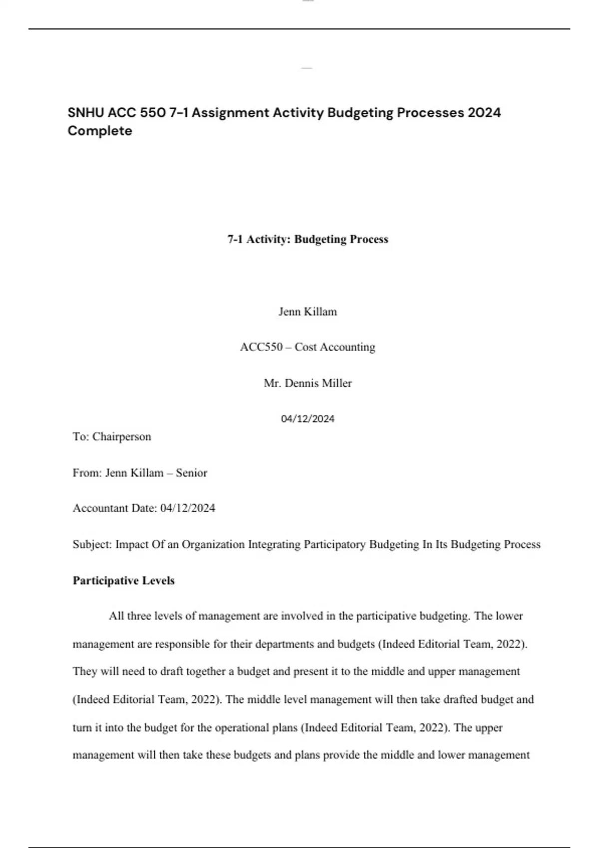 SNHU ACC 550 7-1 Assignment Activity Budgeting Processes 2024 Complete ...