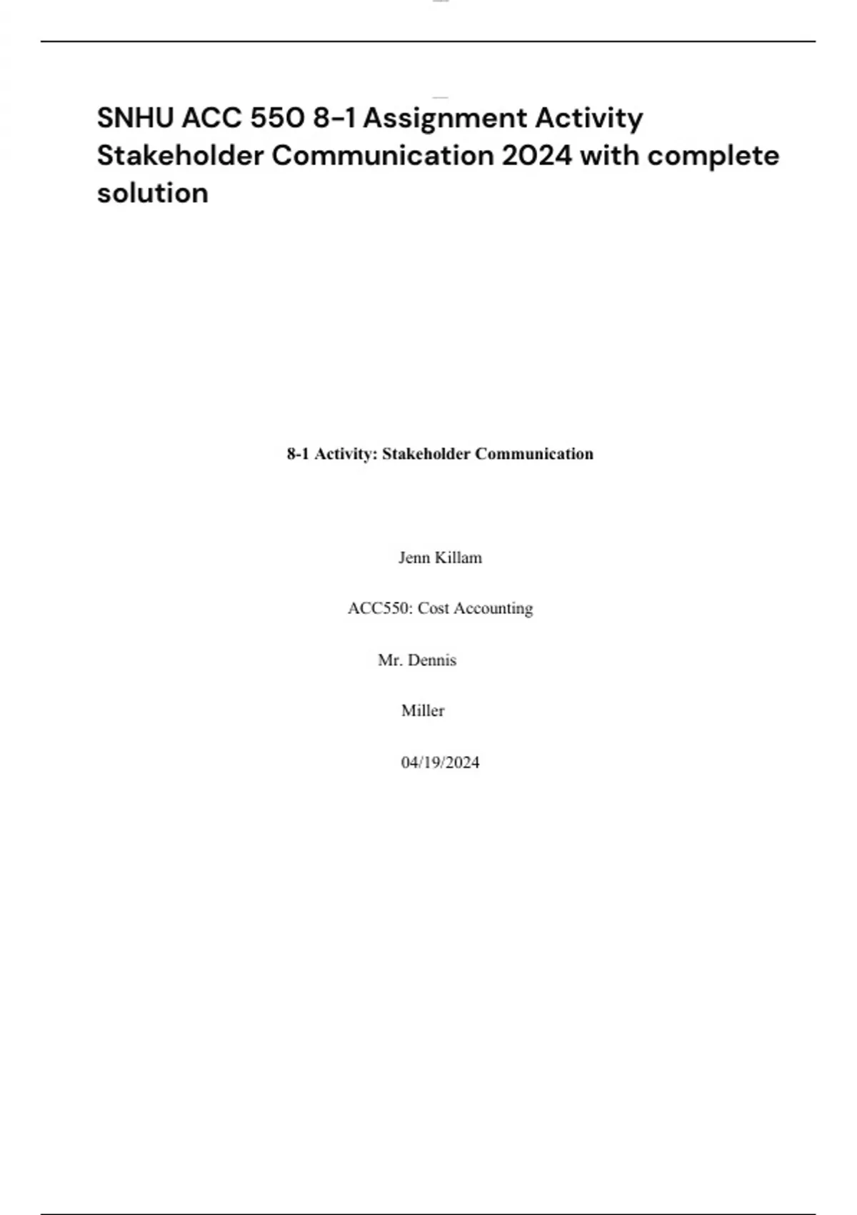 SNHU ACC 550 8-1 Assignment Activity Stakeholder Communication 2024 ...