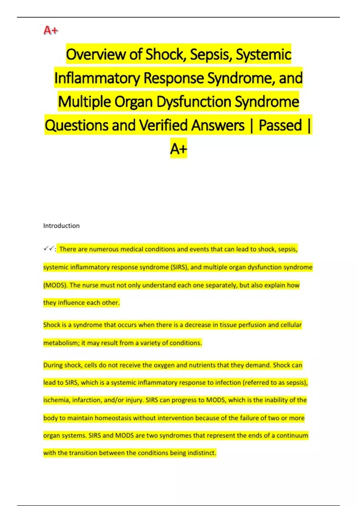 Overview of Shock, Sepsis, Systemic Inflammatory Response Syndrome, and ...