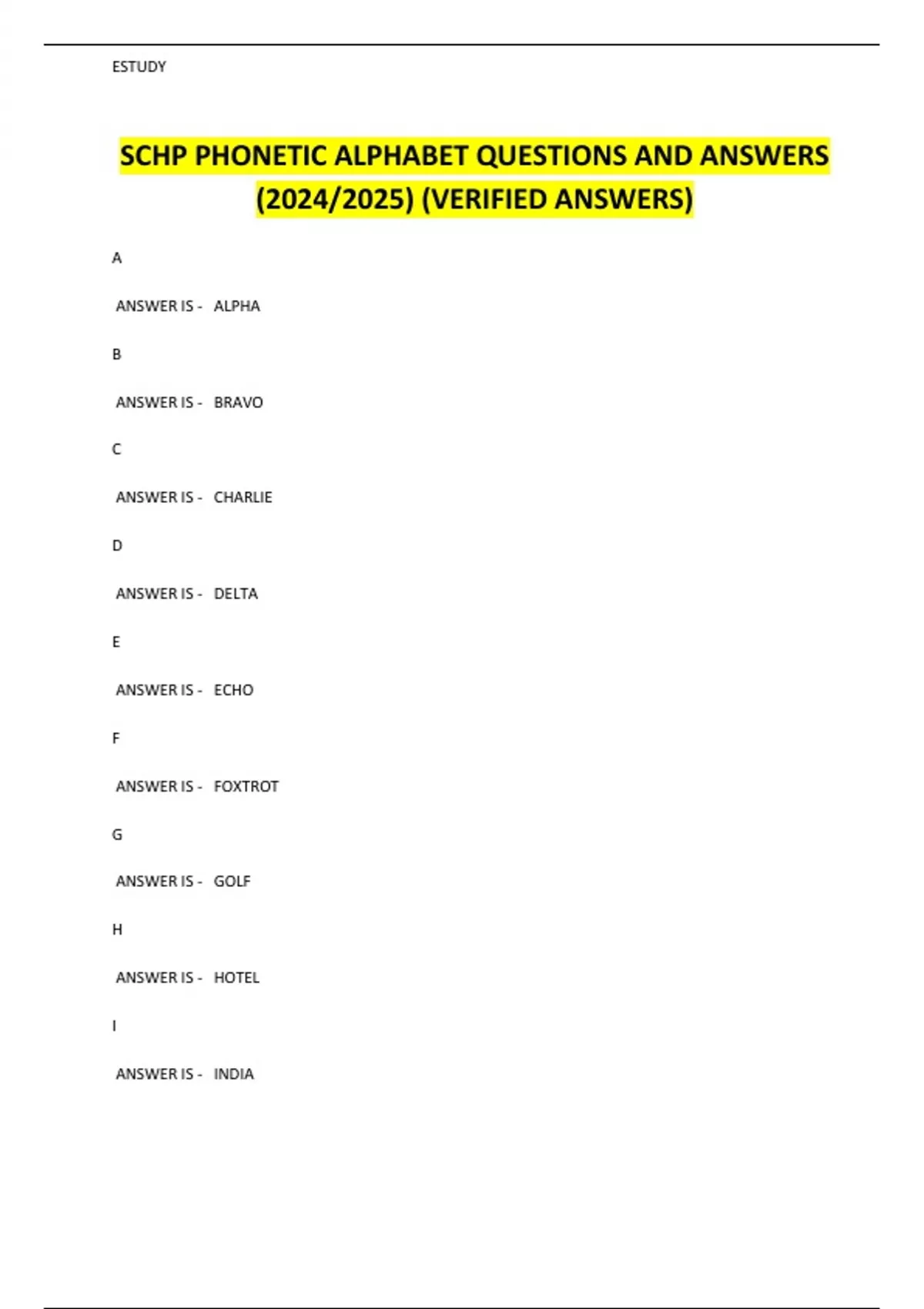 SCHP PHONETIC ALPHABET QUESTIONS AND ANSWERS (2024/2025) (VERIFIED ...