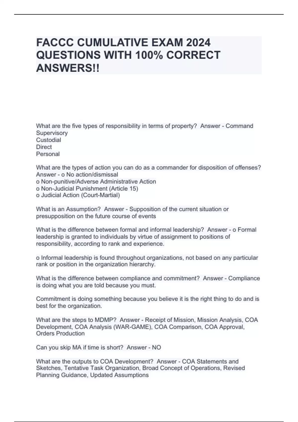 FACCC CUMULATIVE EXAM 2024 QUESTIONS WITH 100% CORRECT ANSWERS ...