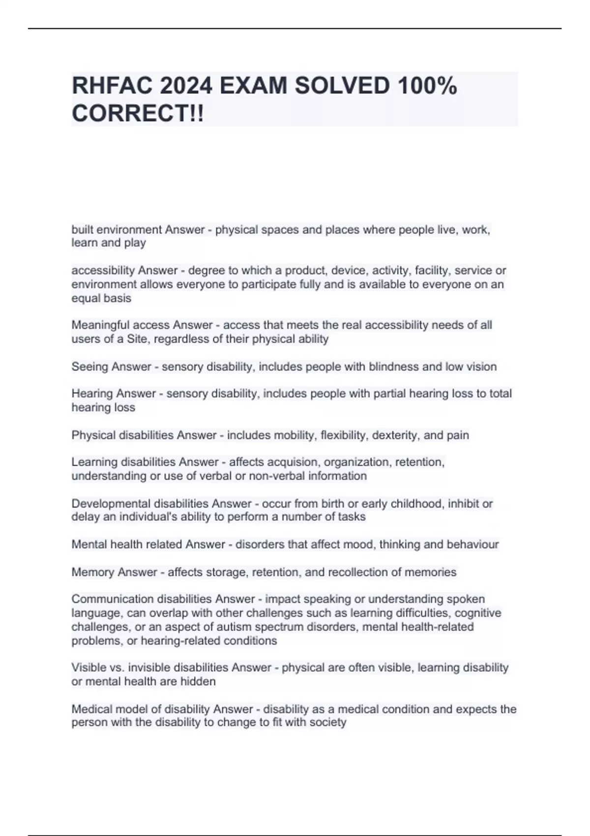 RHFAC 2024 EXAM SOLVED 100% CORRECT!! - RHFAC - Stuvia US