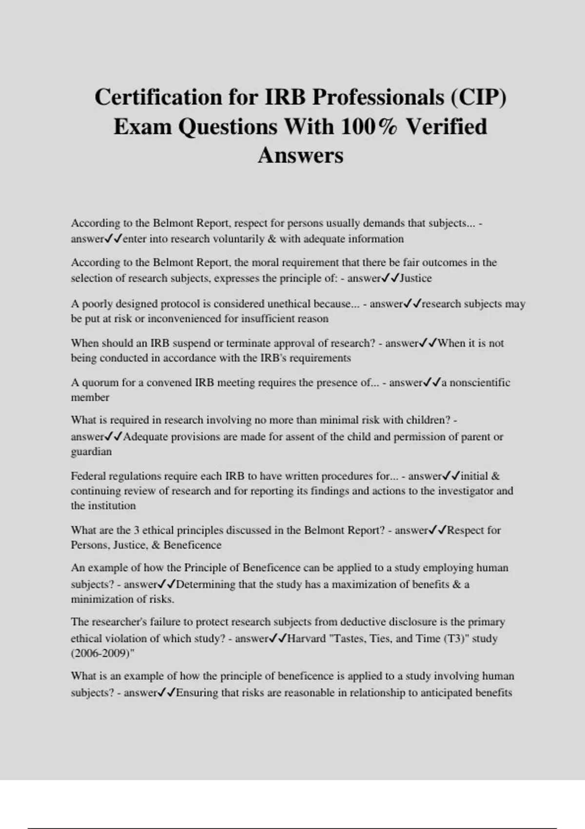 Certification for IRB Professionals (CIP) Exam Questions With 100% Verified Answers ...