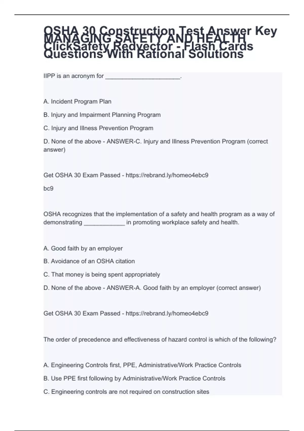 OSHA 30 Construction Test Answer Key MANAGING SAFETY AND HEALTH ...