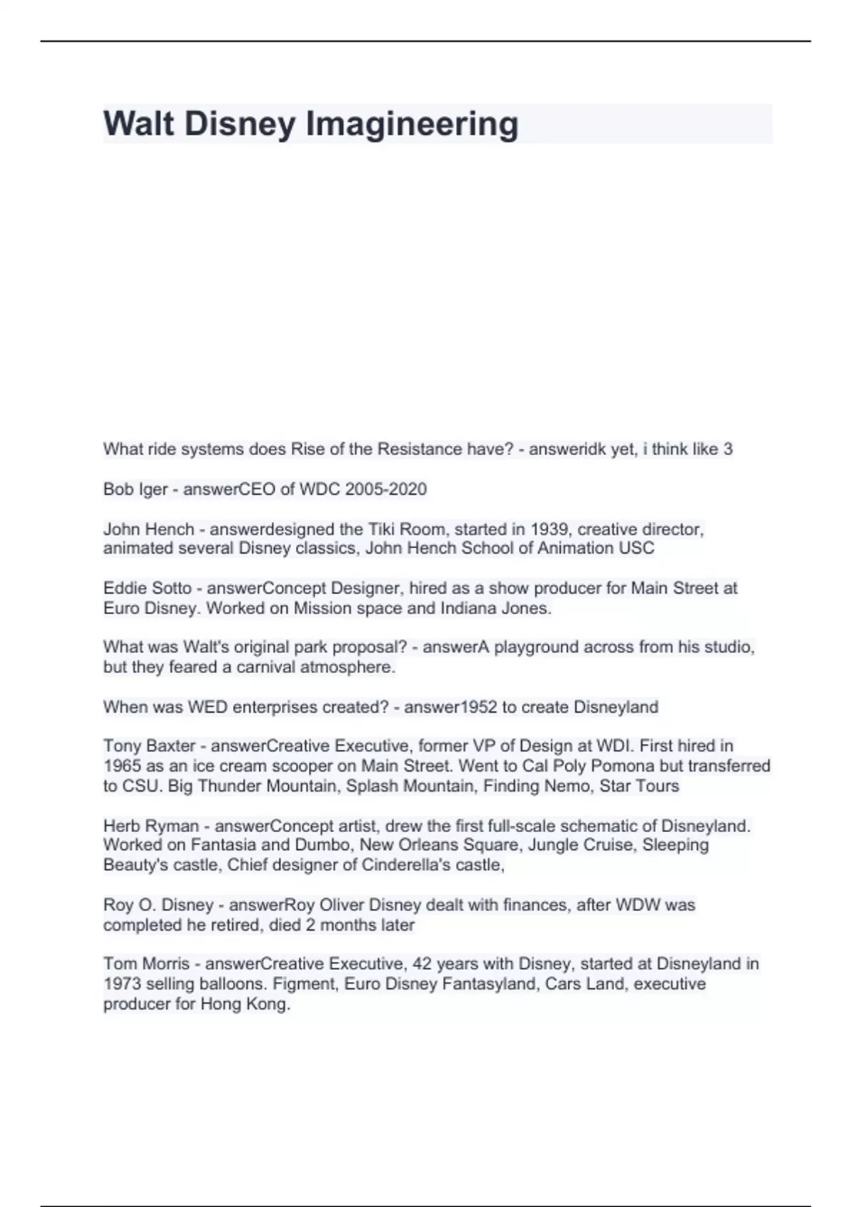 Walt Disney Imagineering questions with solutions - Imagineering ...