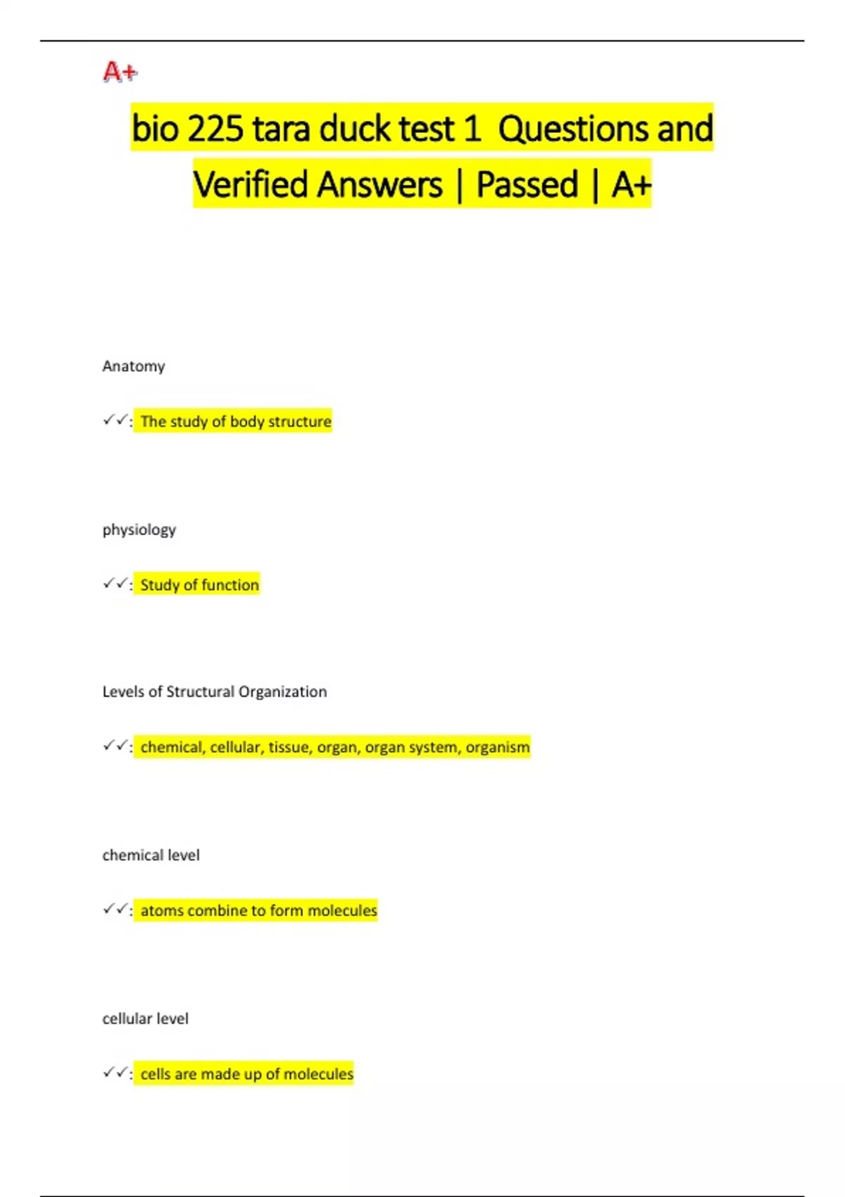 bio 225 tara duck test 1 Questions and Verified Answers | Passed | A+ ...