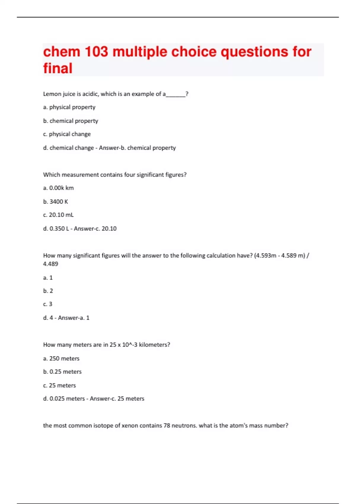 chem 103 multiple choice questions for final Questions and Answers 2024 ...