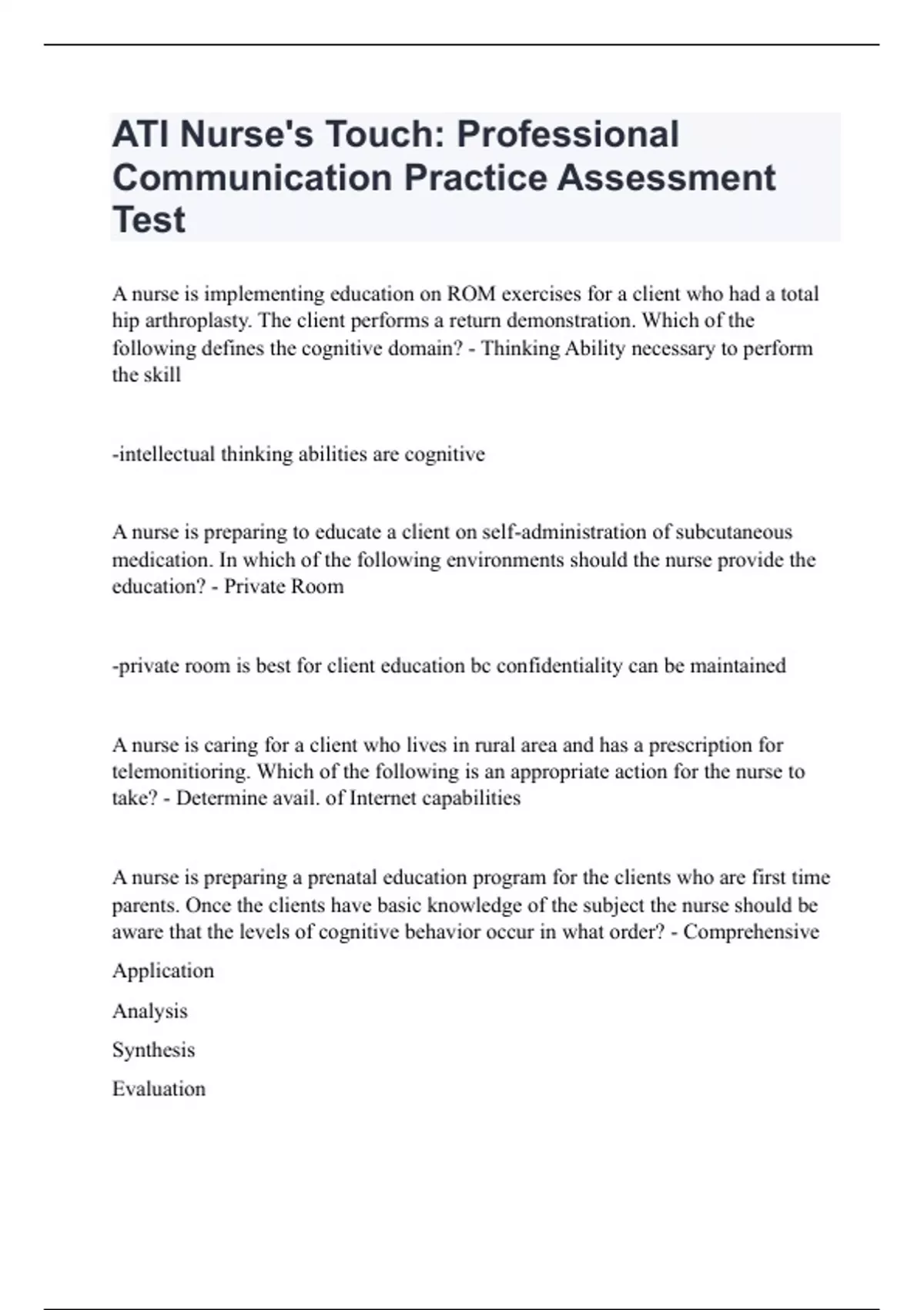 ATI Nurse's Touch: Professional Communication Practice Assessment Test ...