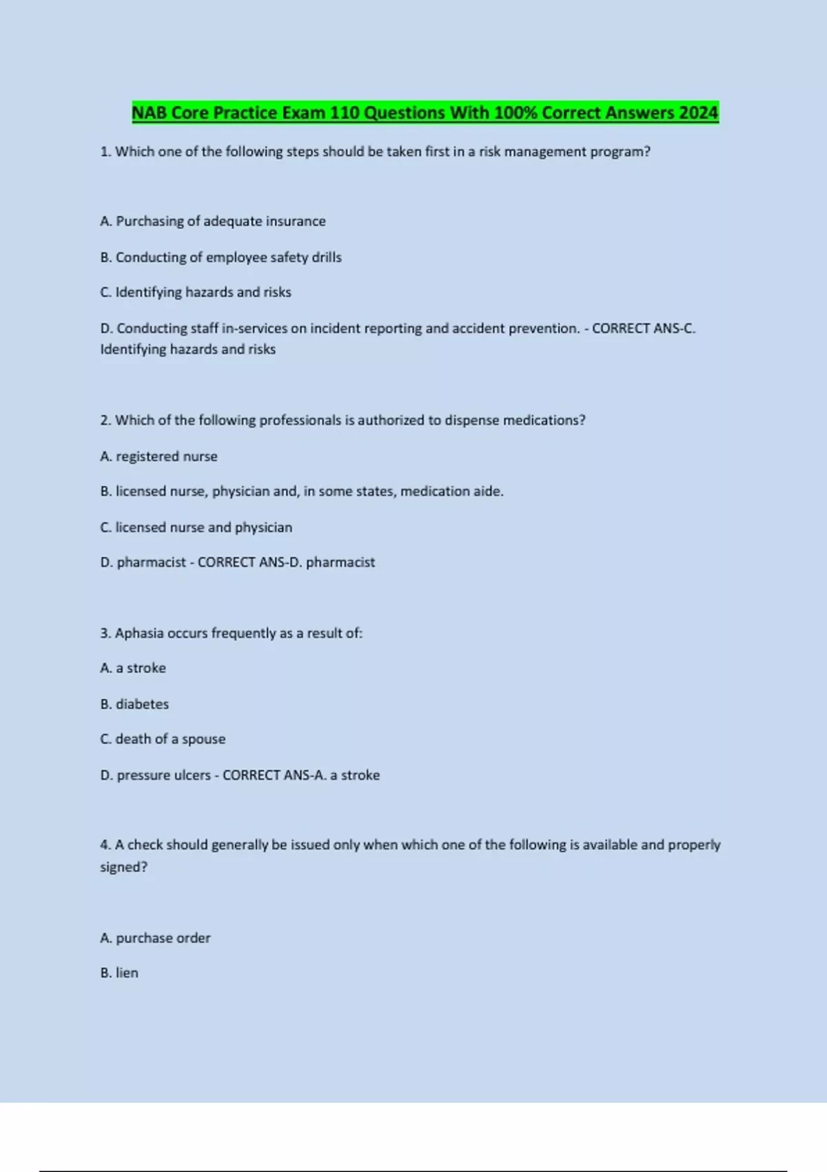 NAB Core Practice Exam 110 Questions With 100% Correct Answers 2024 - NAB core knowledge & RC/AL ...