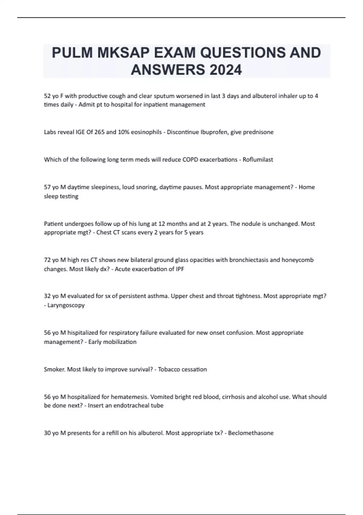 PULM MKSAP EXAM QUESTIONS AND ANSWERS 2024 - Pulm MKSAP - Stuvia US