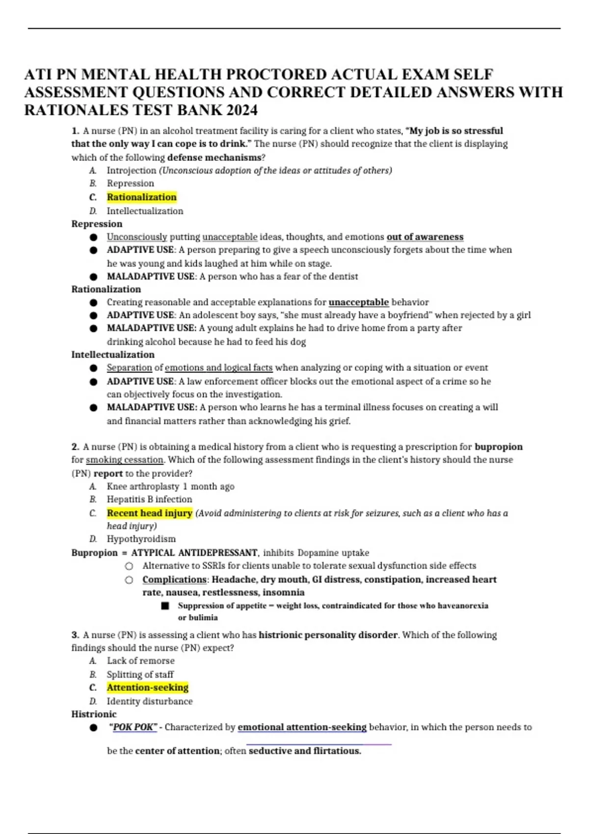 ATI PN MENTAL HEALTH PROCTORED ACTUAL EXAM SELF ASSESSMENT QUESTIONS AND CORRECT DETAILED ...