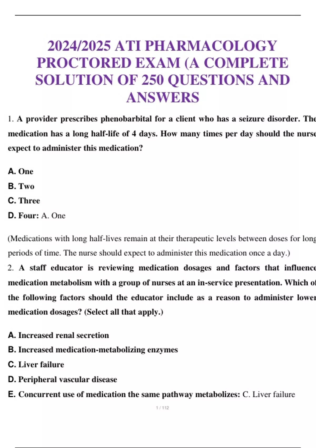 2024 ATI PHARMACOLOGY PROCTORED EXAM (A COMPLETE SOLUTION OF 250 ...