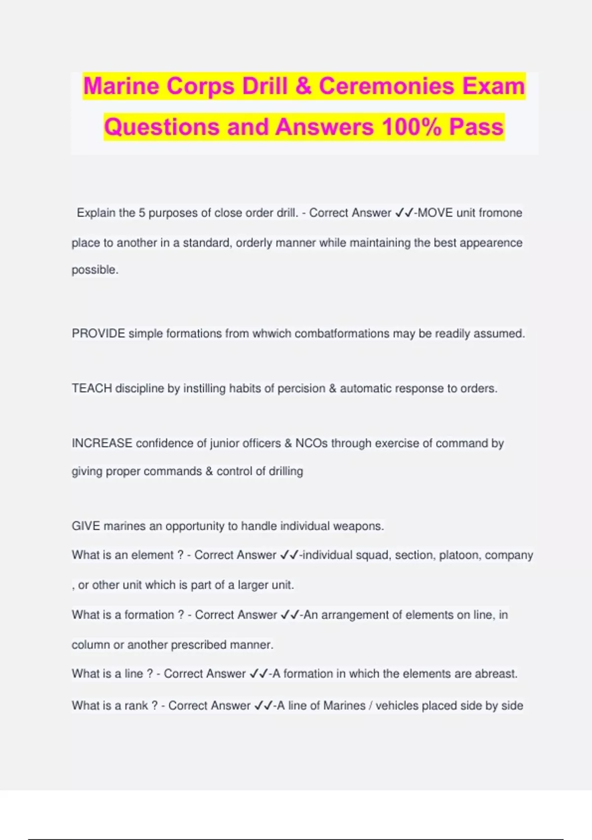 Marine Corps Drill & Ceremonies Exam Questions and Answers 100% Pass ...