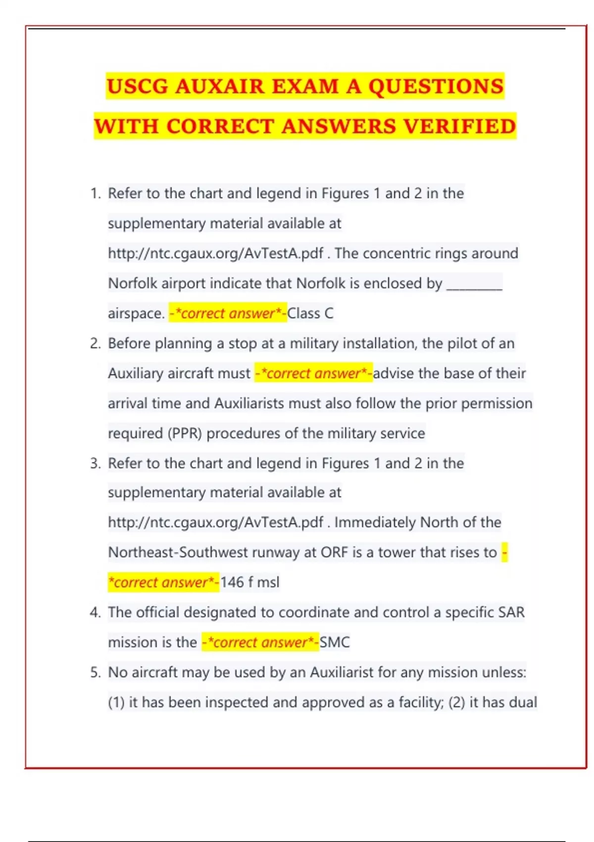 USCG AUXAIR EXAM A QUESTIONS WITH CORRECT ANSWERS VERIFIED - USCG ...