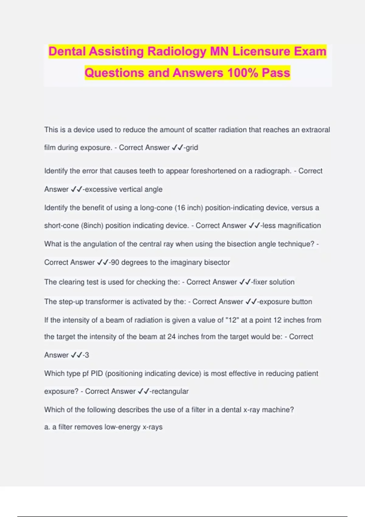 Dental Assisting Radiology MN Licensure Exam Questions and Answers 100% Pass - MN Dental ...