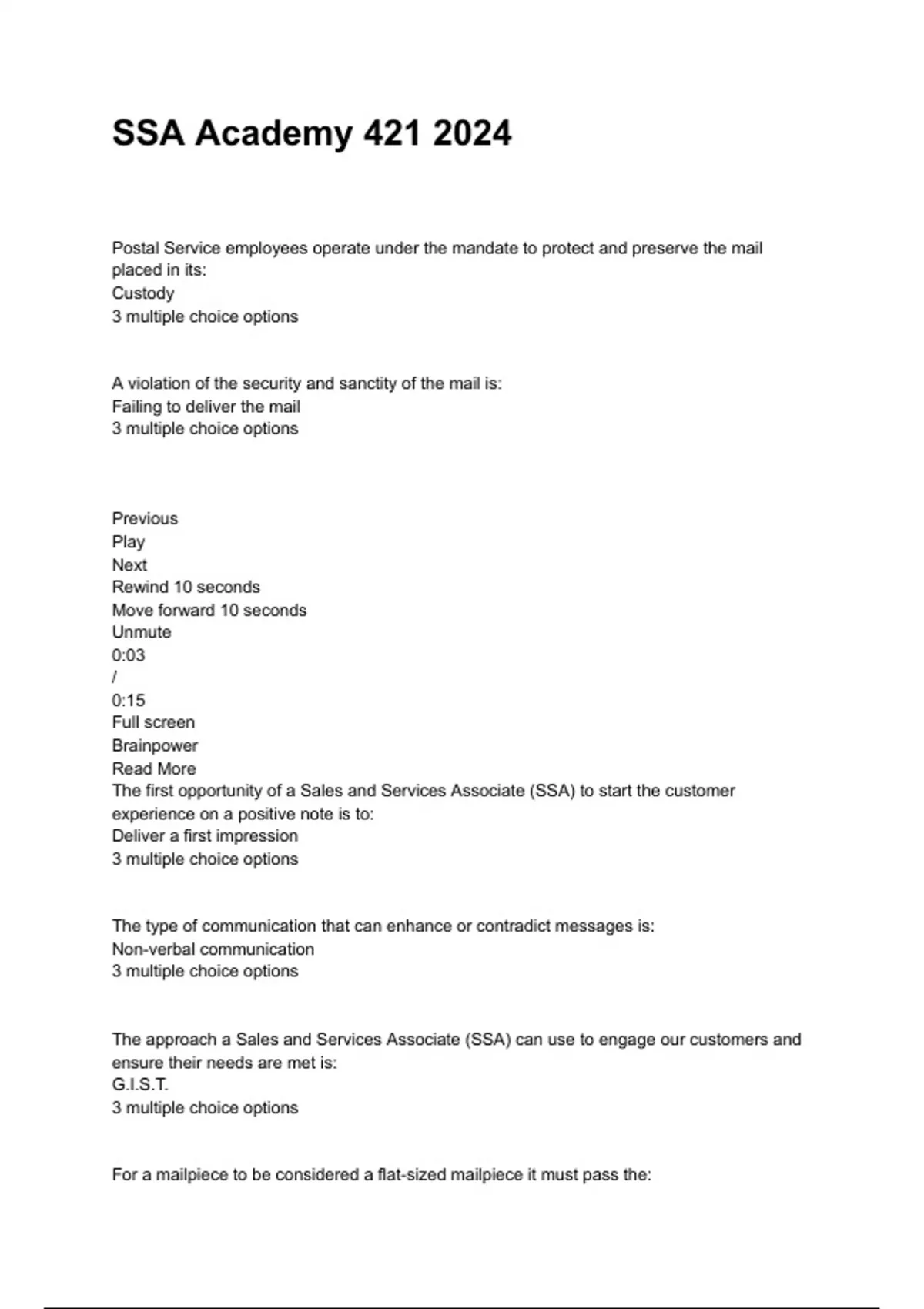 SSA Academy 421 2024 questions and answers rated A+ by experts - USPS ...