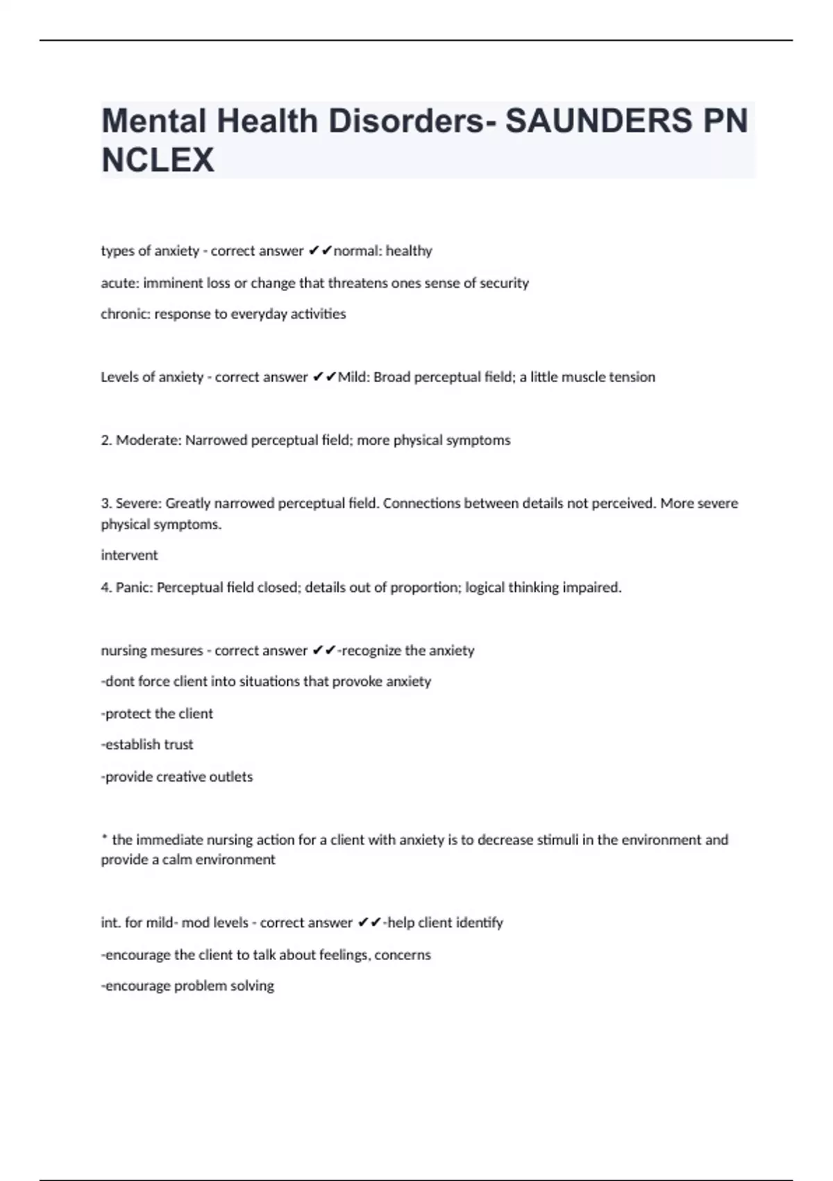 Mental Health Disorders- SAUNDERS PN NCLEX verified/passed - PN mental ...