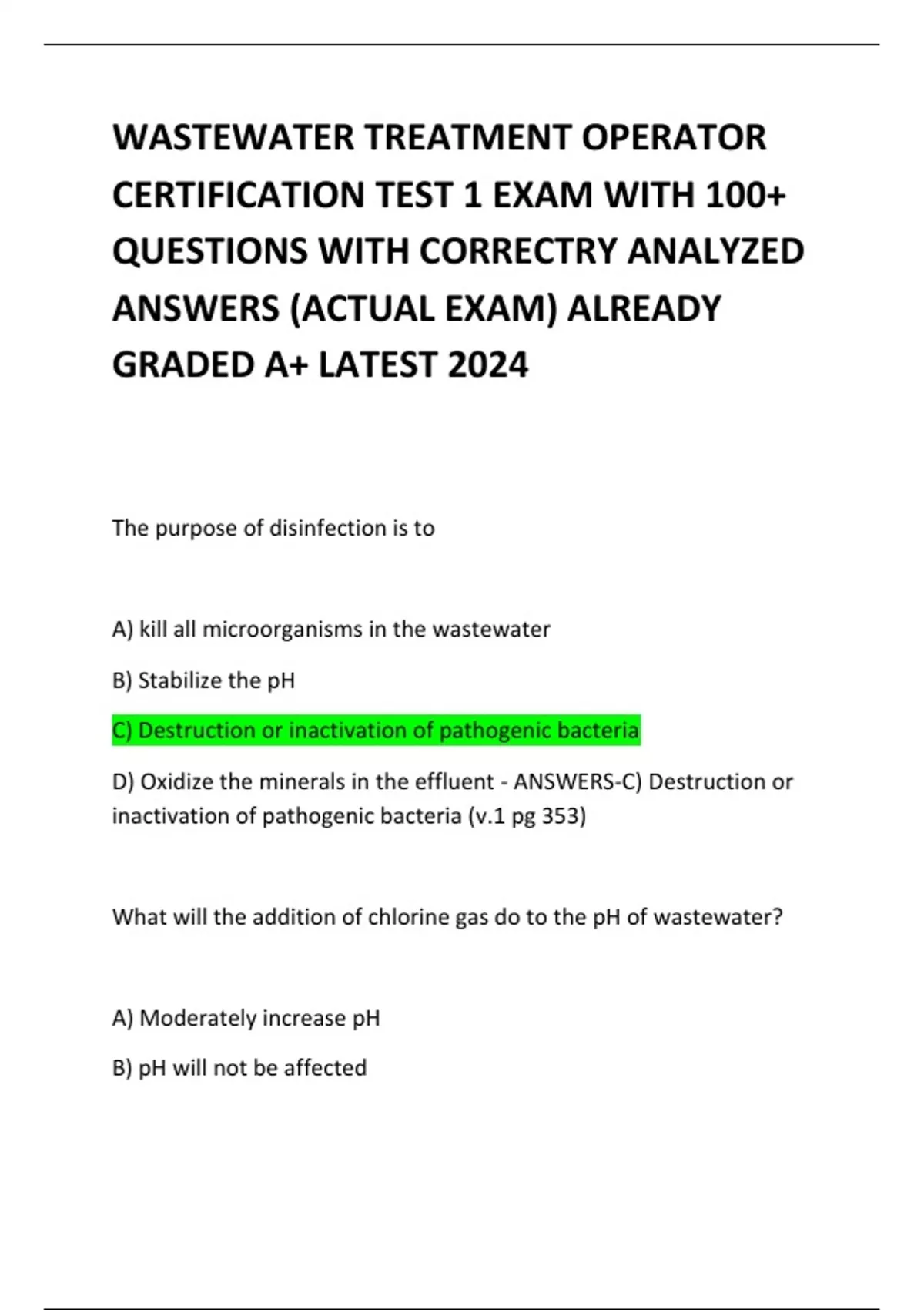 WASTEWATER TREATMENT OPERATOR CERTIFICATION TEST 1 EXAM WITH 100 ...