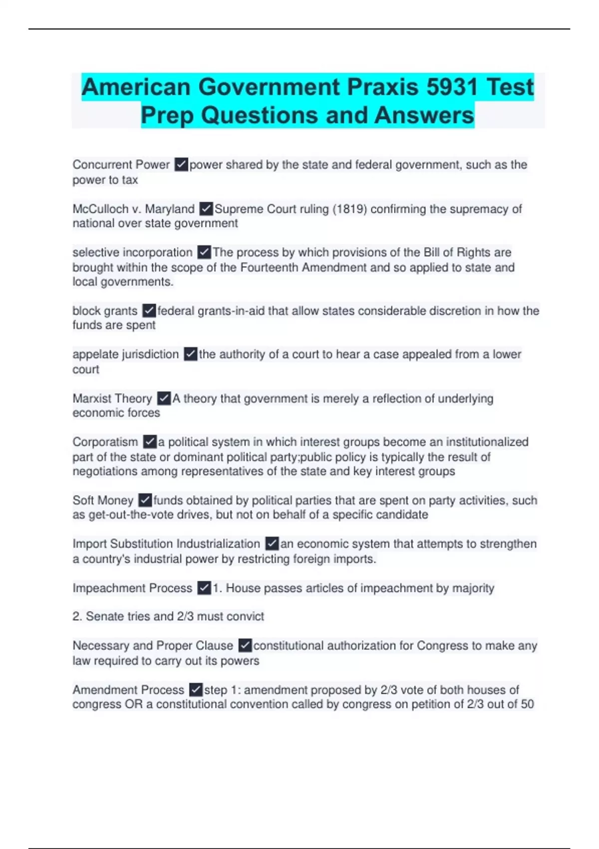 American Government Praxis 5931 Test Prep Questions and Answers ...