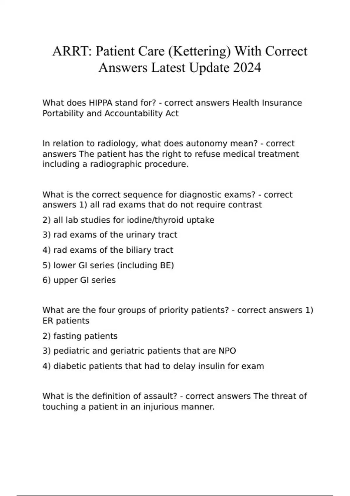 ARRT Patient Care (Kettering) With Correct Answers Latest Update 2024 ...