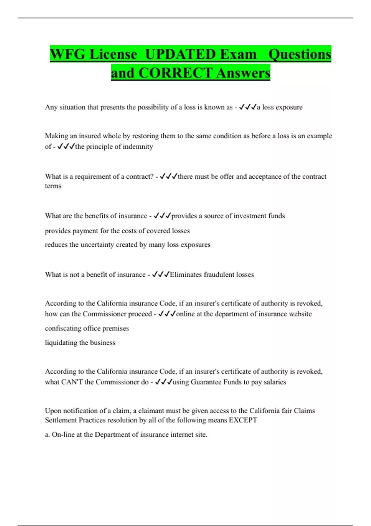 WFG Bundled Exam Questions WITH CORRECT Answers - Stuvia US