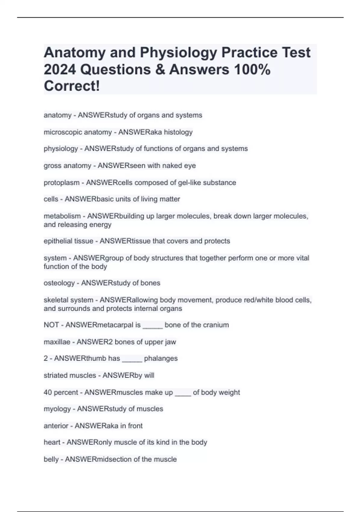 Anatomy and Physiology Practice Test 2024 Questions & Answers 100% ...