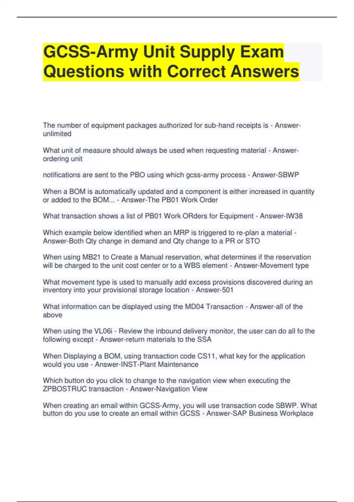 Gcss Army Unit Supply Exam Questions With Correct Answers Gcss Army Unit Supply Stuvia Us