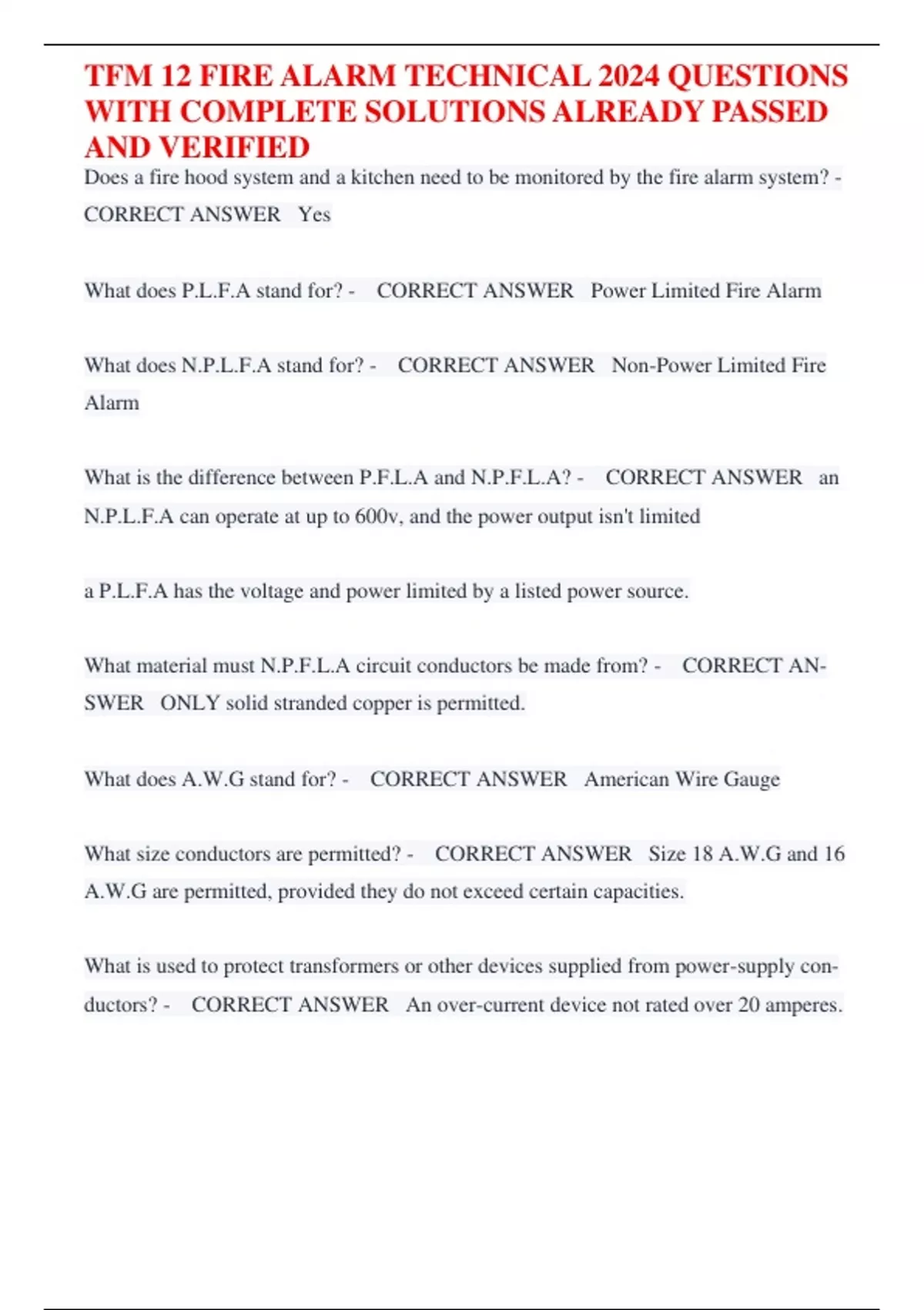 TFM 12 FIRE ALARM TECHNICAL 2024 QUESTIONS WITH COMPLETE SOLUTIONS ...