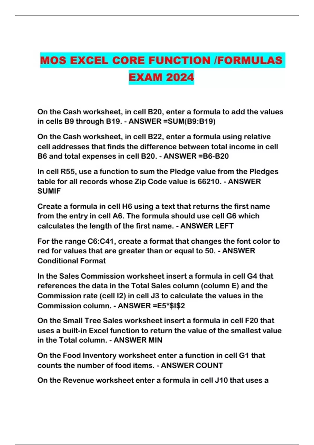 MOS EXCEL CORE FUNCTION /FORMULAS EXAM 2024 - MOS EXCEL CORE FUNCTION /FORMULAS - Stuvia US
