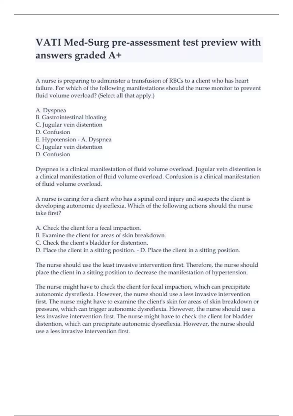 VATI Med-Surg pre-assessment test preview with answers graded A+ - VATI ...