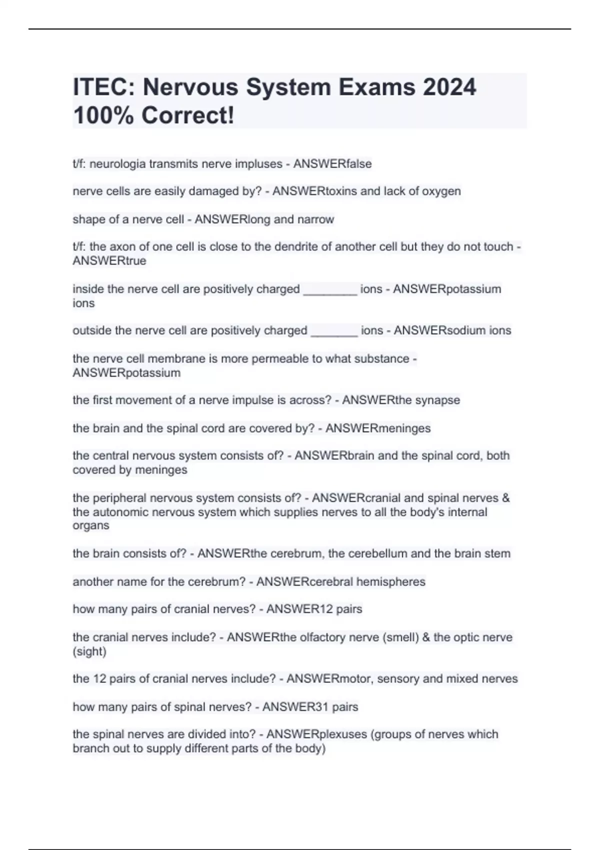 ITEC: Nervous System Exams 2024 100% Correct! - ITEC: Nervous System - Stuvia US
