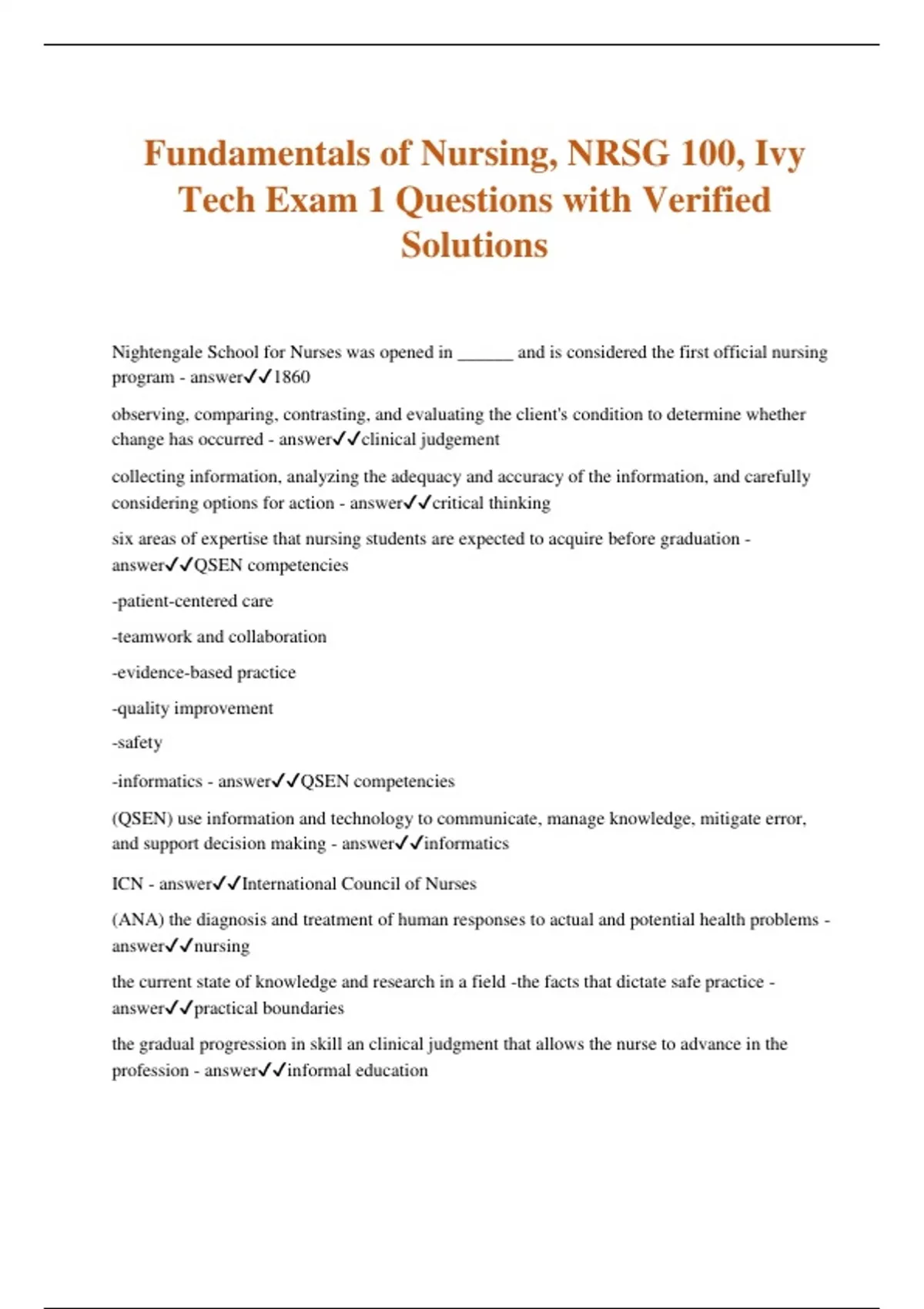 Fundamentals of Nursing, NRSG 100, Ivy Tech Exam 1 Questions with ...