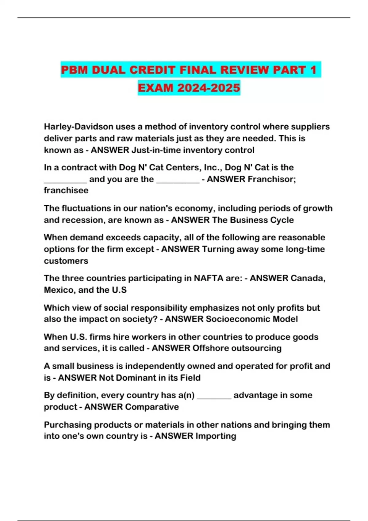 PBM DUAL CREDIT FINAL REVIEW PART 1 EXAM - PBM DUAL CREDIT - Stuvia US