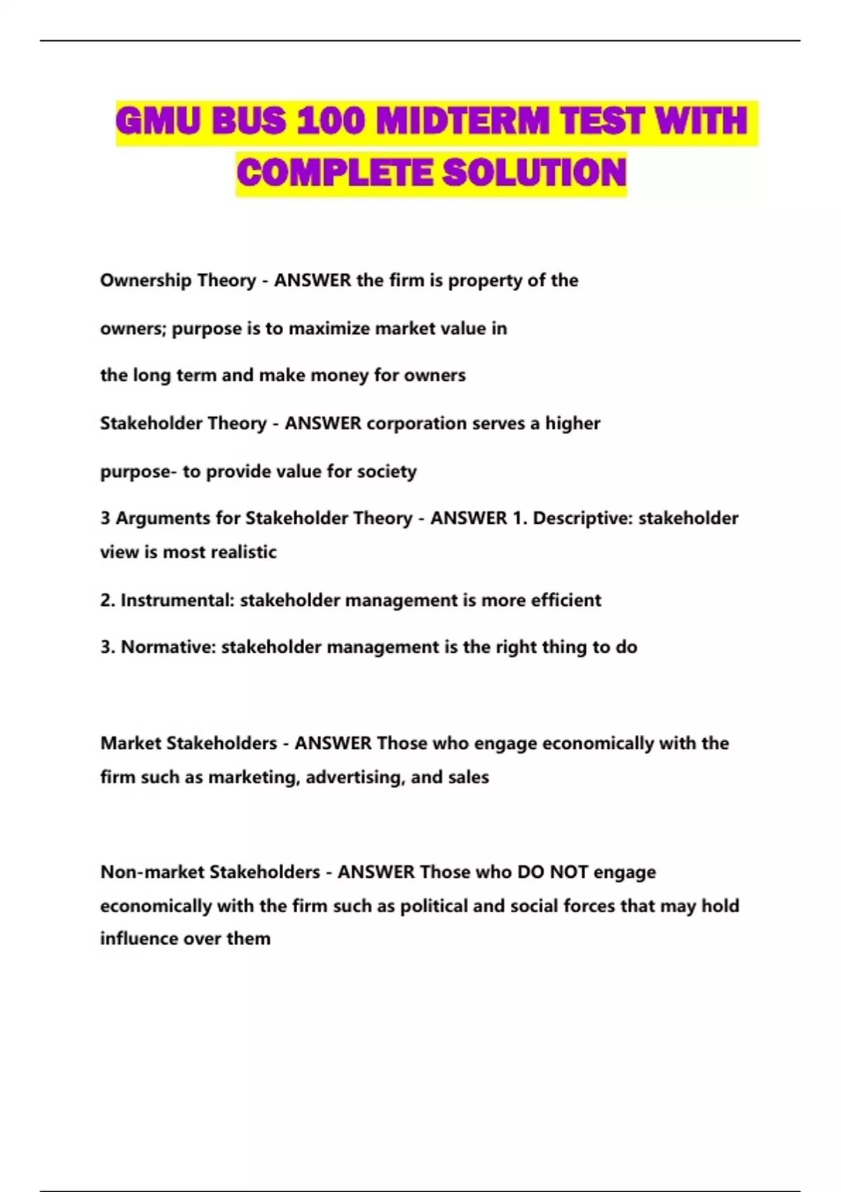 GMU BUS 100 MIDTERM TEST WITH COMPLETE SOLUTION - GMU - Stuvia US