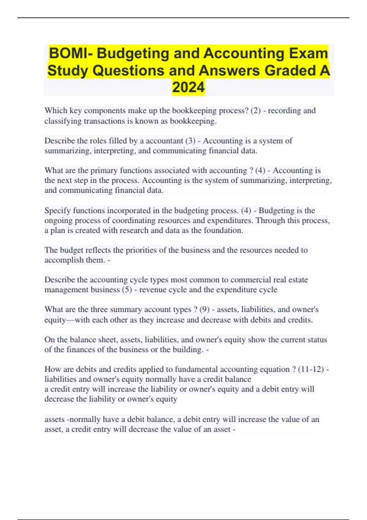 BOMI- Budgeting and Accounting Exam Study Questions and Answers Graded ...