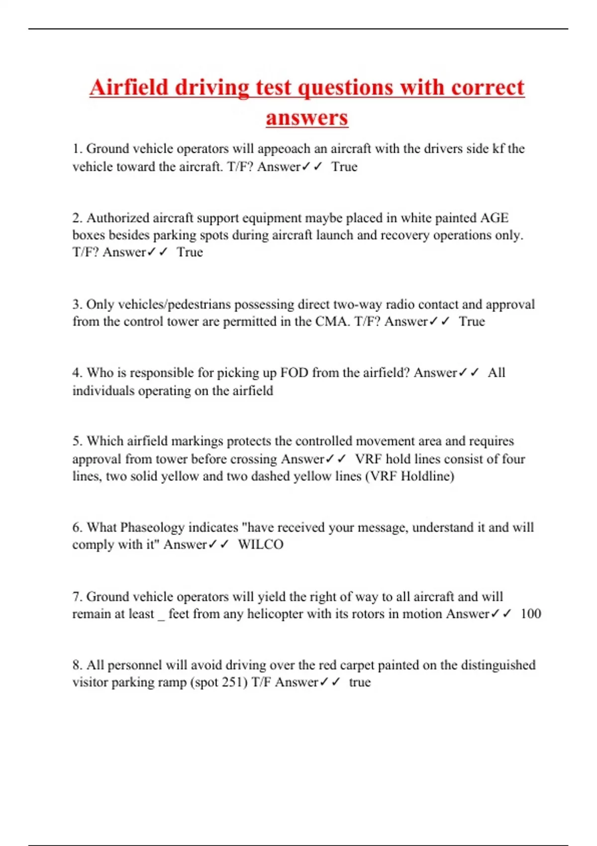 Airfield driving test questions with correct answers - Airfield Driving ...