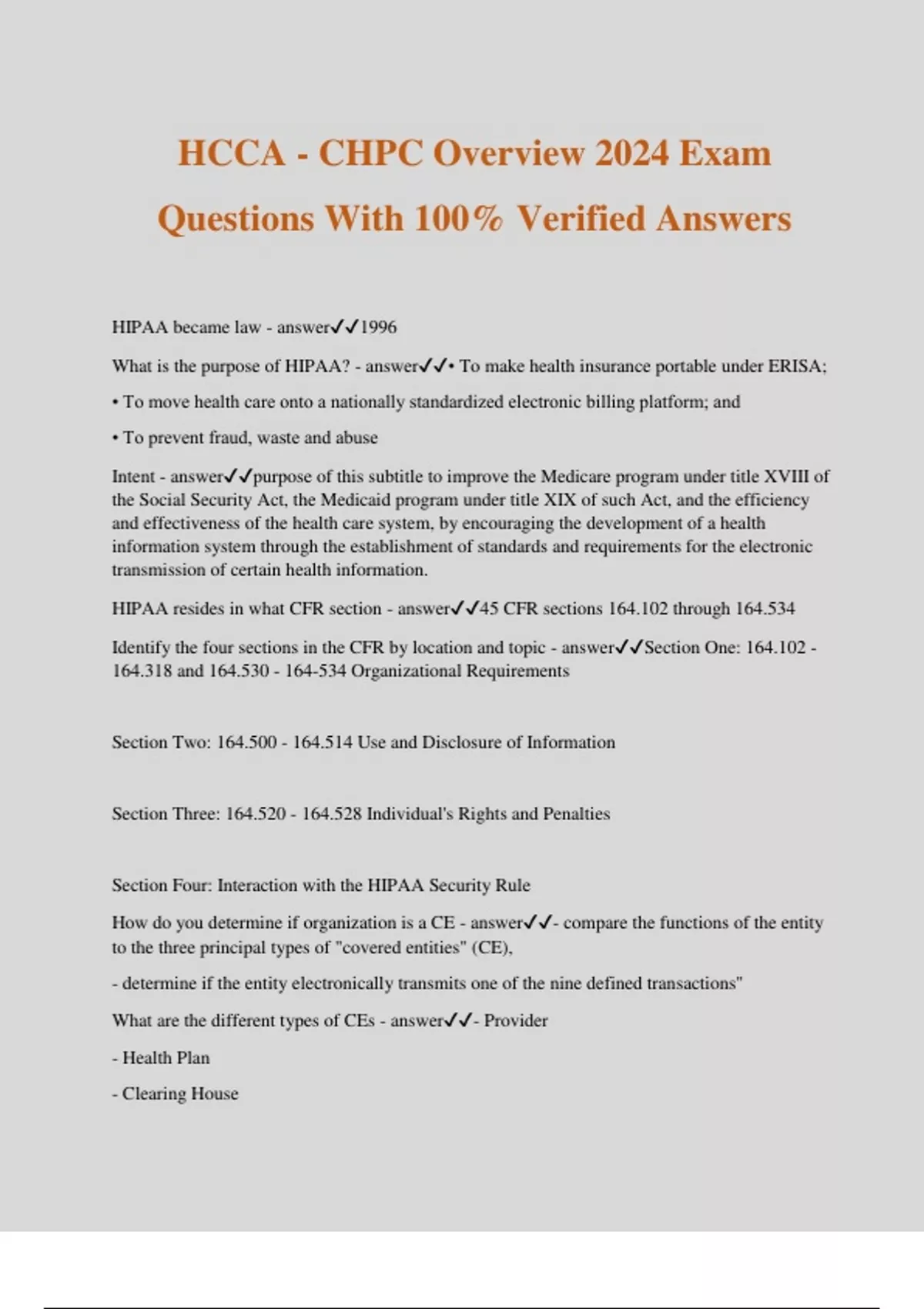 HCCA - CHPC Overview 2024 Exam Questions With 100% Verified Answers ...