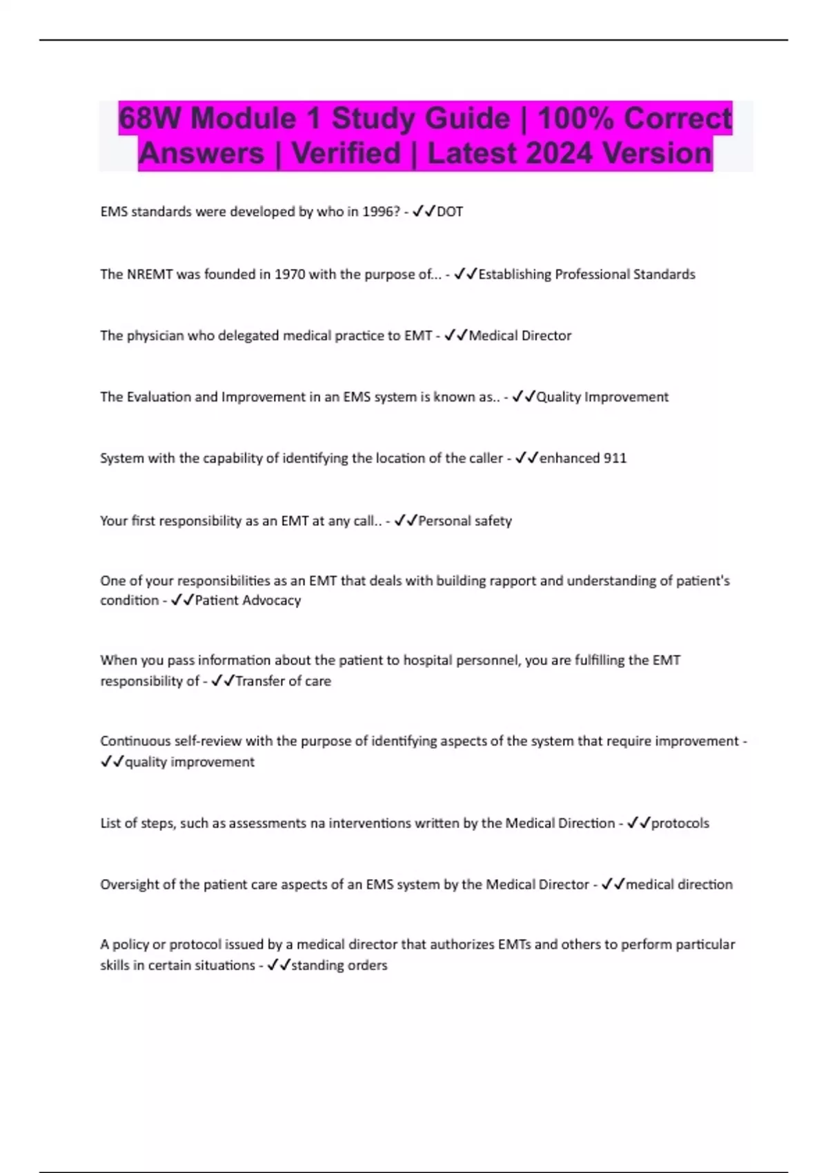 68W Module 1 Study Guide 100% Correct Answers Verified Latest 2024 ...