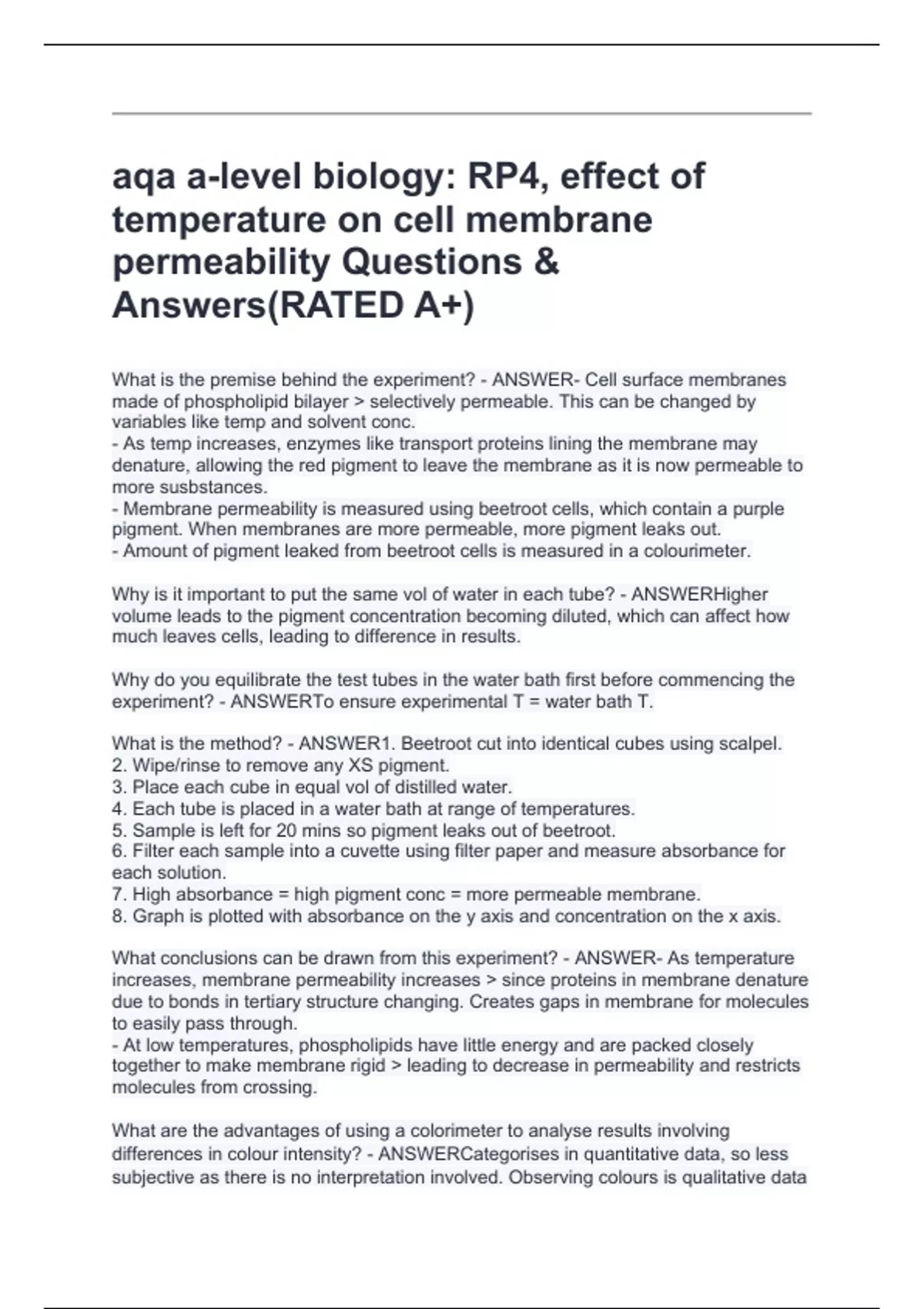 aqa a-level biology: RP4, effect of temperature on cell membrane ...