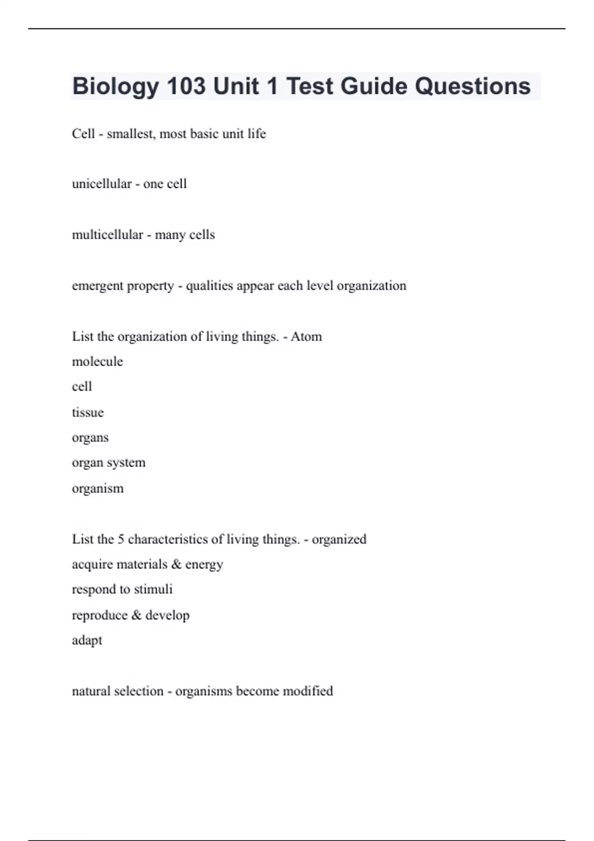 Biology 103 Unit 1 Test Guide Questions - Biology 103 - Stuvia UK