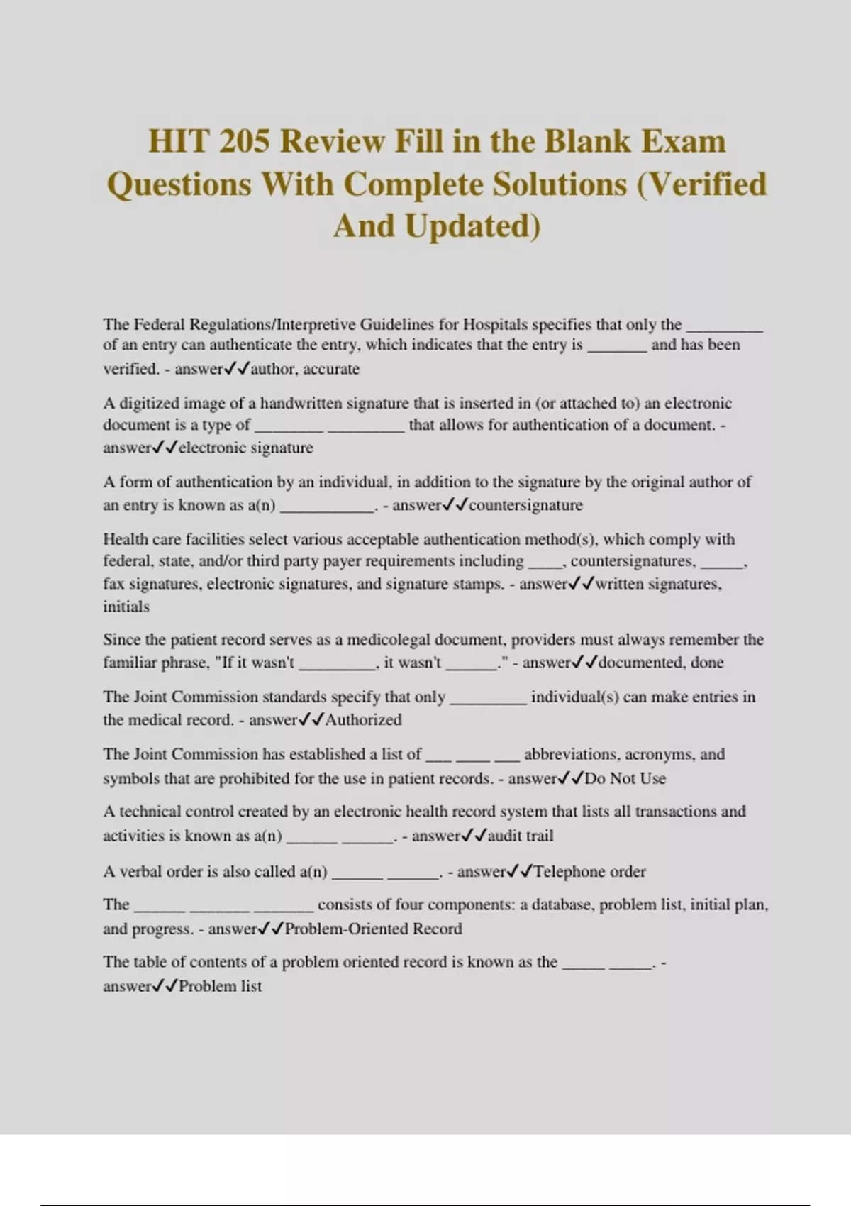 HIT 205 Review Fill in the Blank Exam Questions With Complete Solutions ...