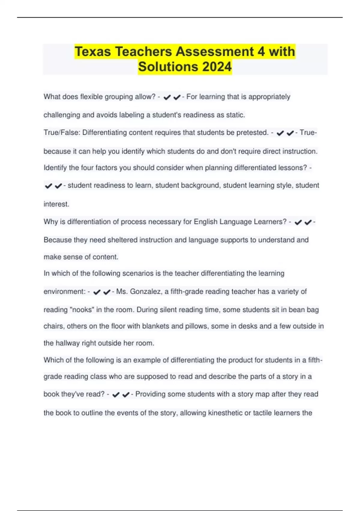Texas Teachers Assessment 4 with Solutions 2024 - Texas Teachers ...